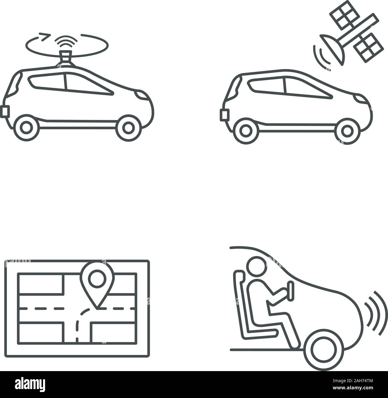 Autonomous car linear icons set. LIDAR, auto with satellite control ...