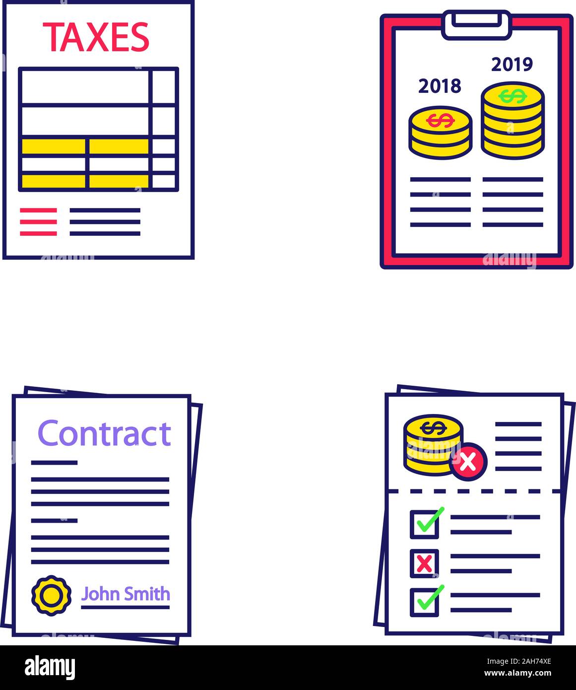 Audit color icons set. Taxes form, annual report, contract, audit risks ...