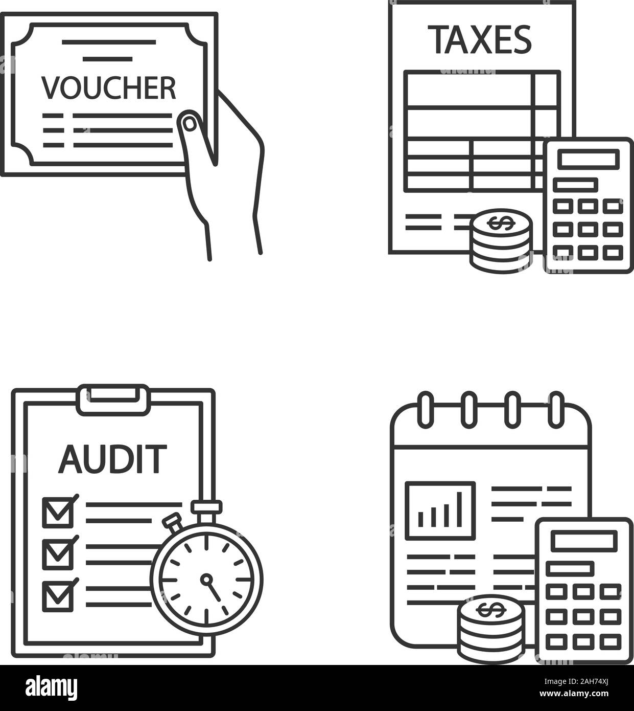 Audit linear icons set. Voucher, budgeting, taxes accounting ...