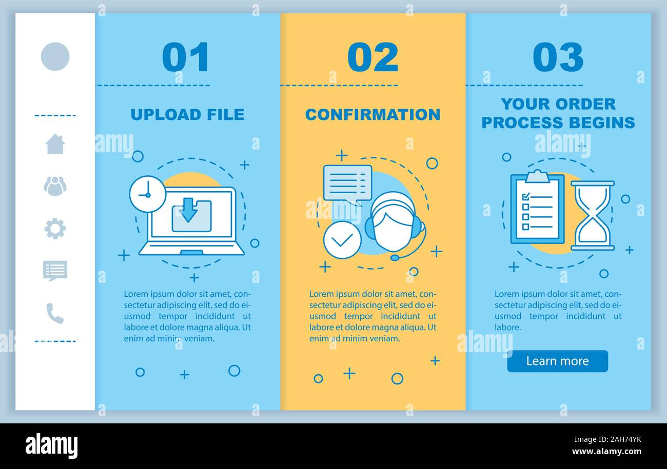 Customer support onboarding mobile web pages vector template. Upload file, confirmation, order ...