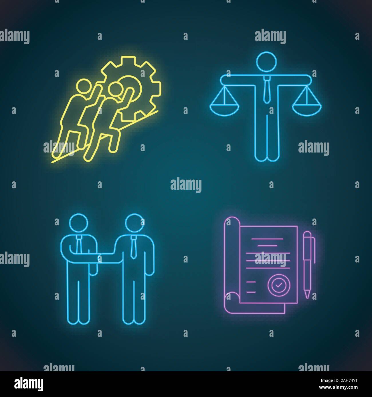 Business ethics neon light icons set. Partnership, honesty, teamwork ...