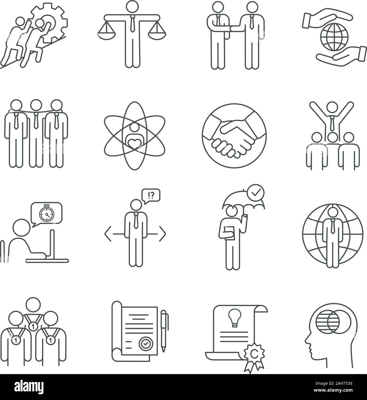 Business ethics linear icons set. Business deal, agreement. Core values ...