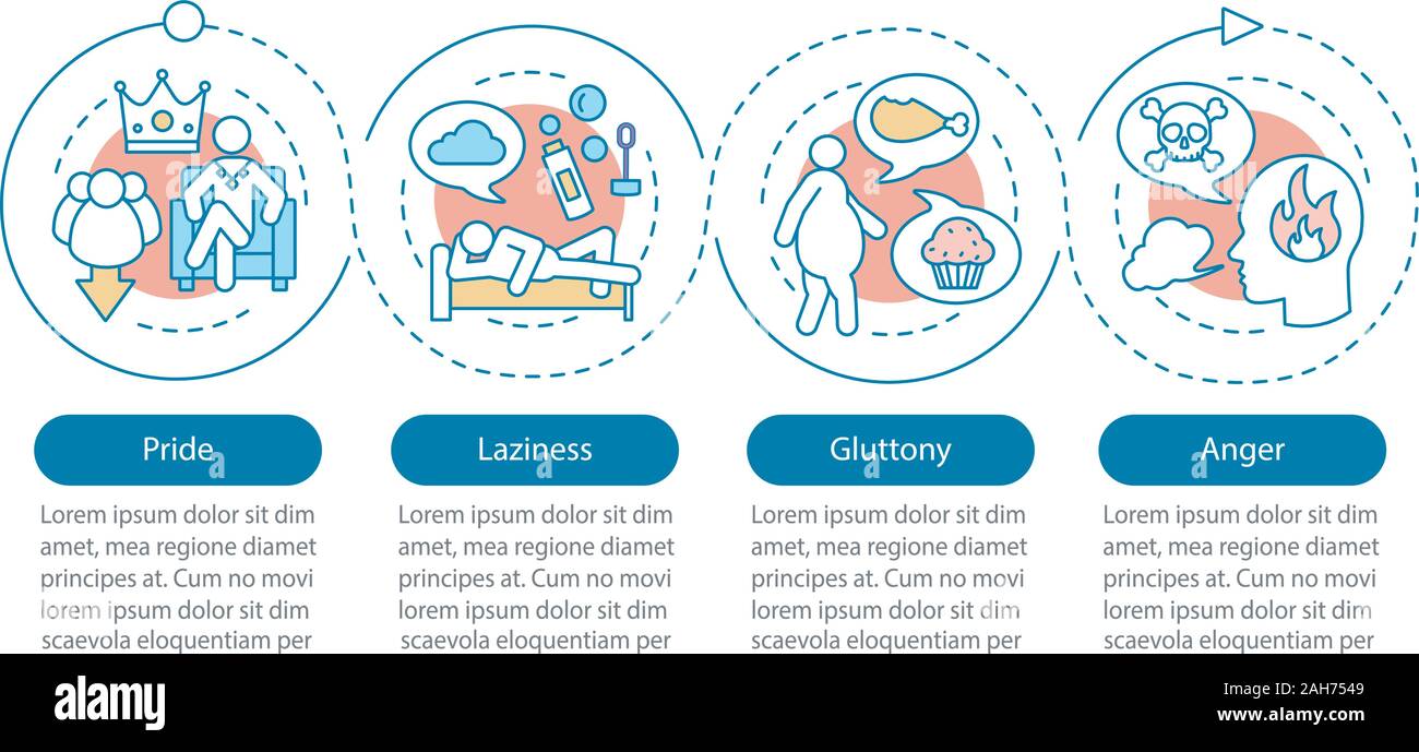 Deadly sins vector infographic template. Pride, laziness, gluttony ...