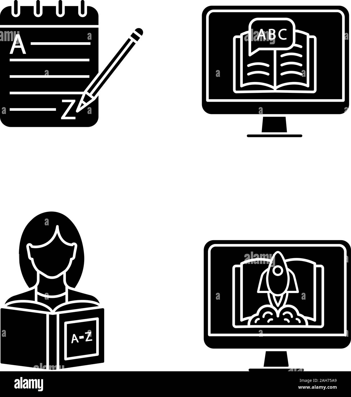 Foreign language learning glyph icons set. Grammar, e-learning, reading ...