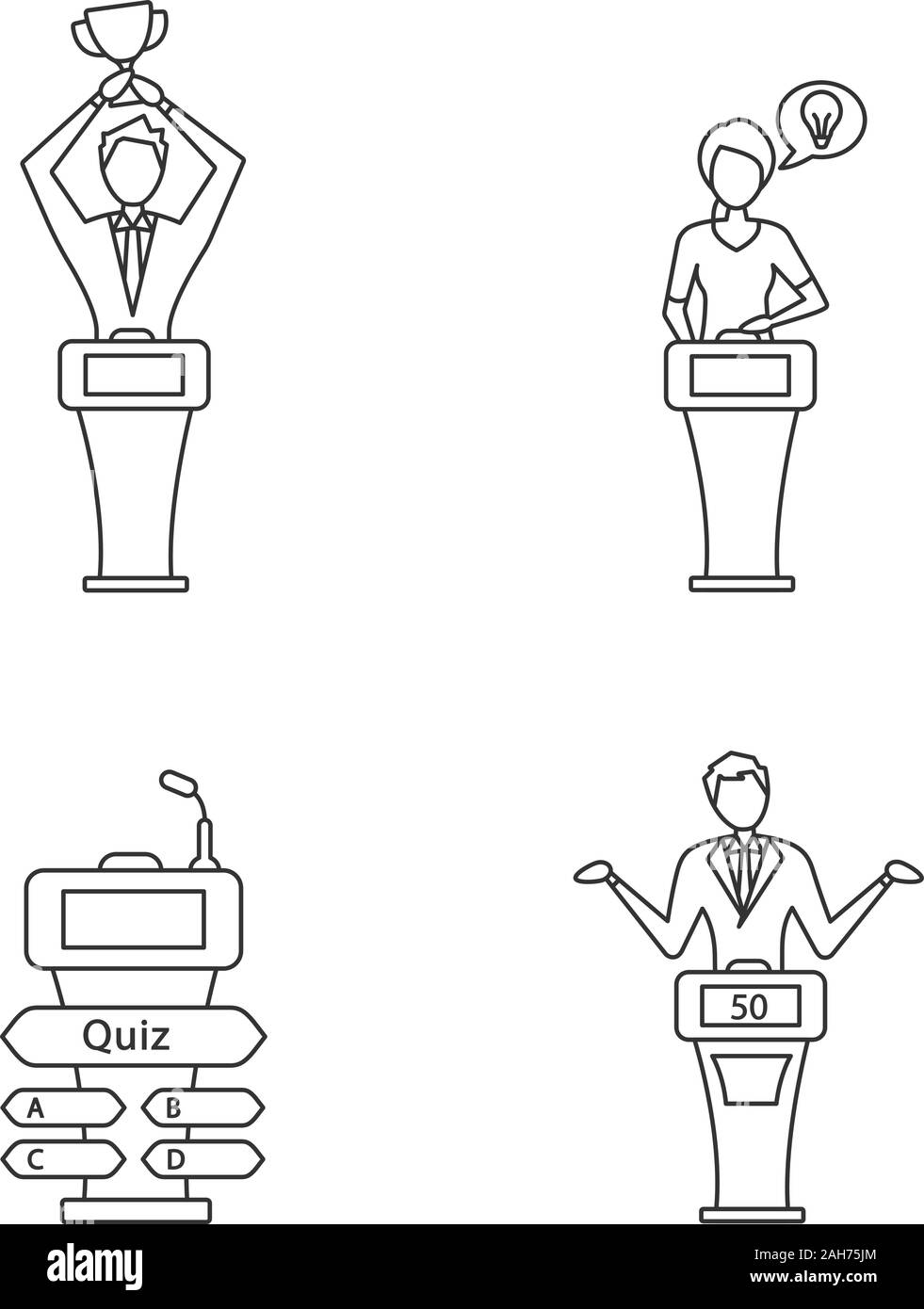 Quiz show linear icons set. Intellectual winner, loser, buzzer systems ...
