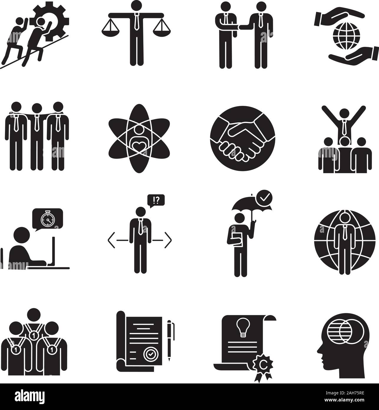 Business ethics glyph icons set. Business deal, agreement. Core values ...