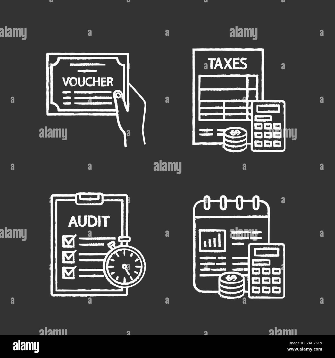 Audit chalk icons set. Voucher, budgeting, taxes accounting ...