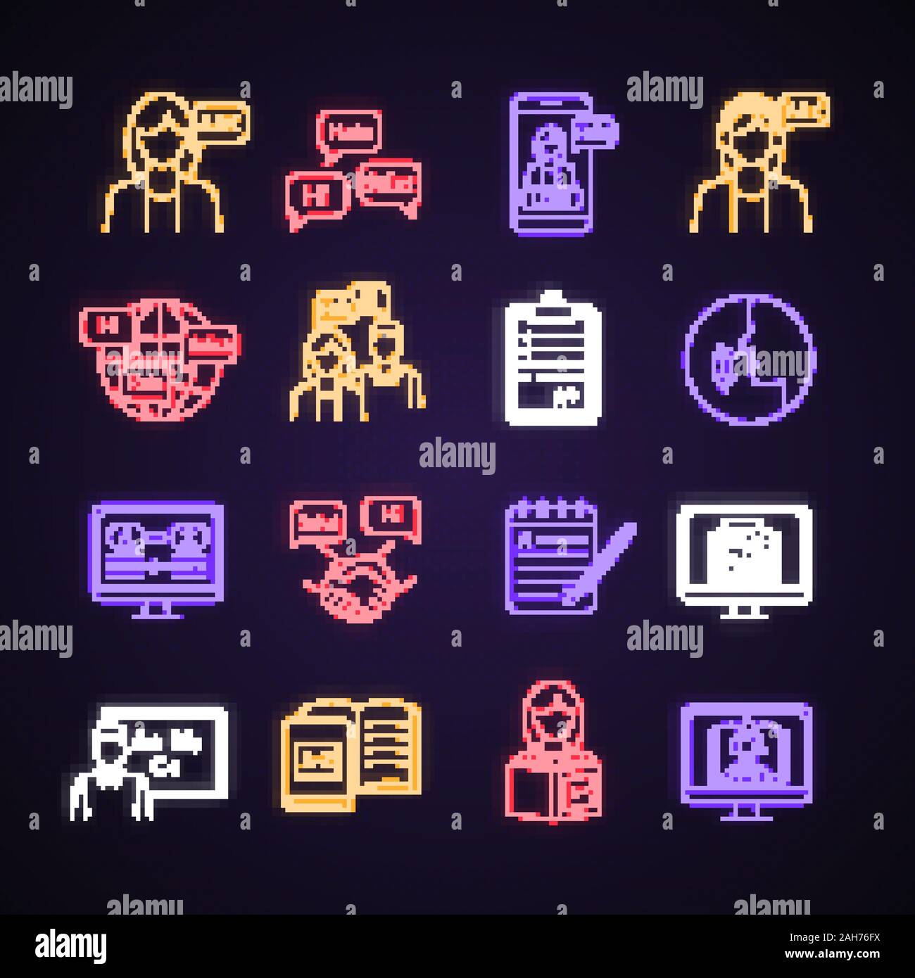Foreign language learning neon light icons set. Speaking club, course ...