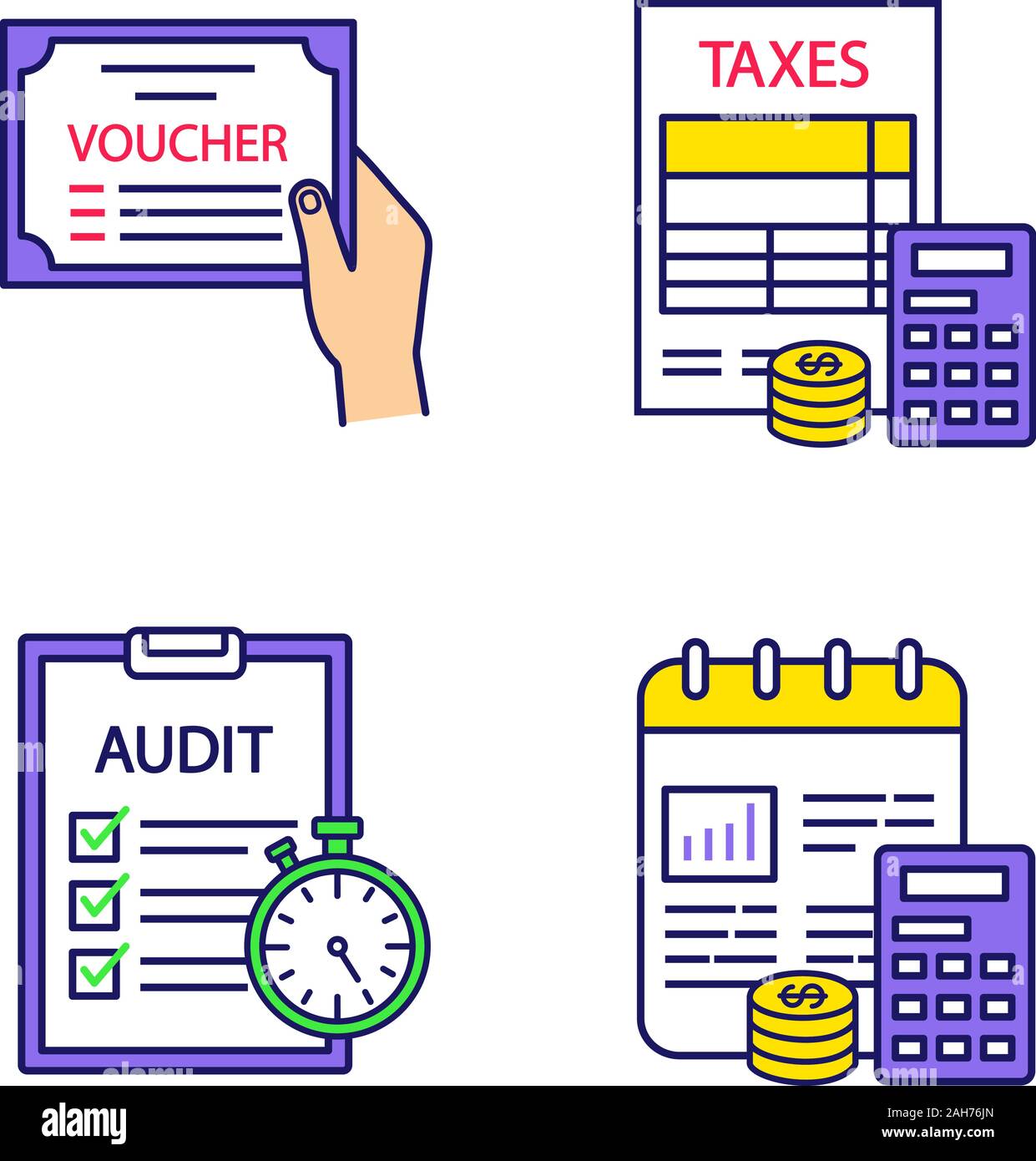 Audit color icons set. Voucher, budgeting, taxes accounting ...
