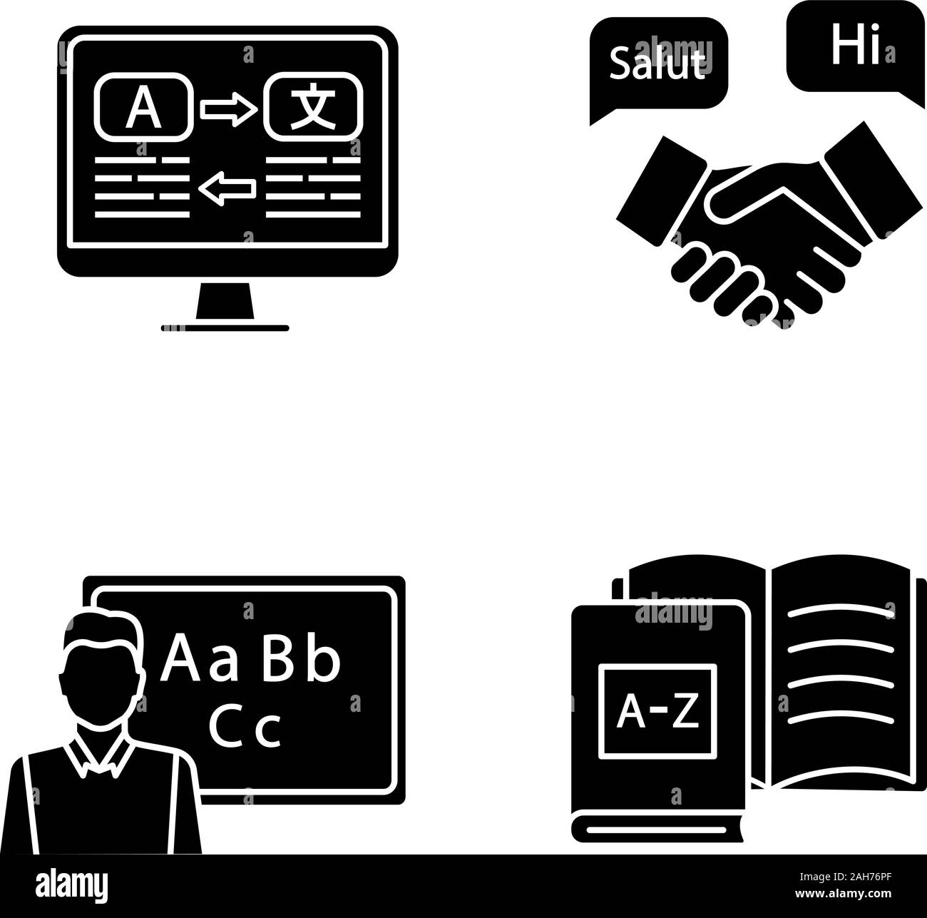 Foreign language learning glyph icons set. Translation, language for ...