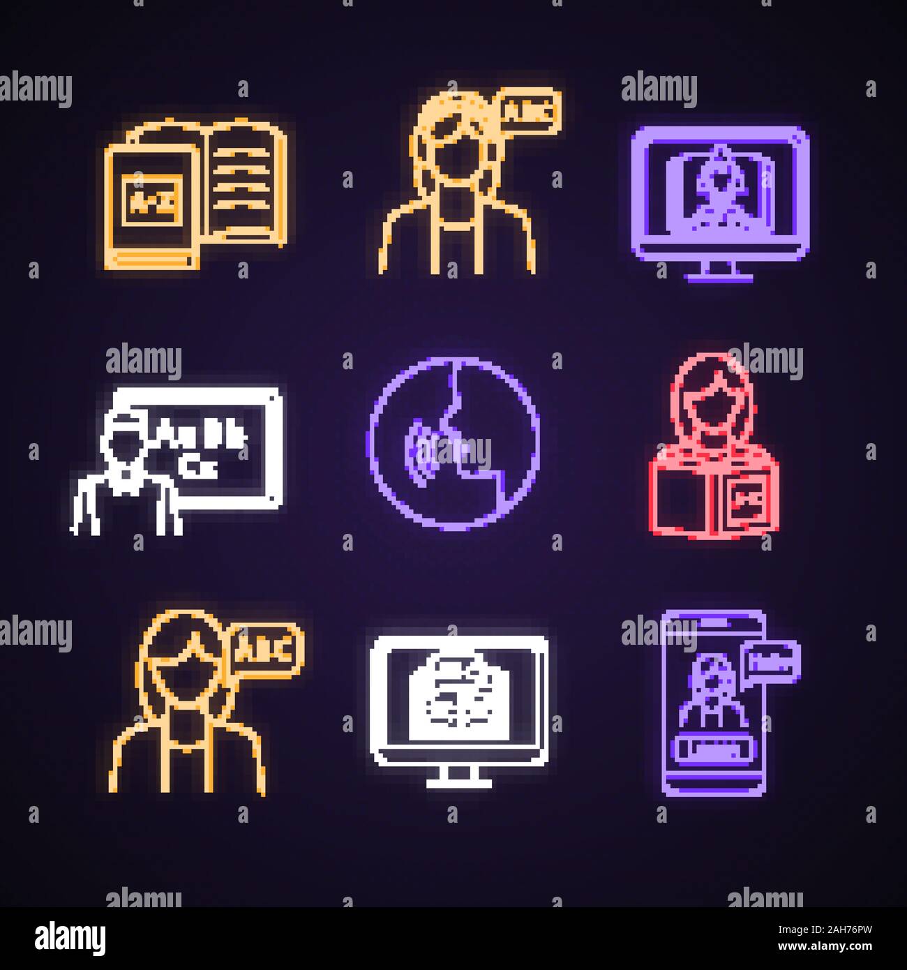 Foreign language learning neon light icons set. Pronunciation ...