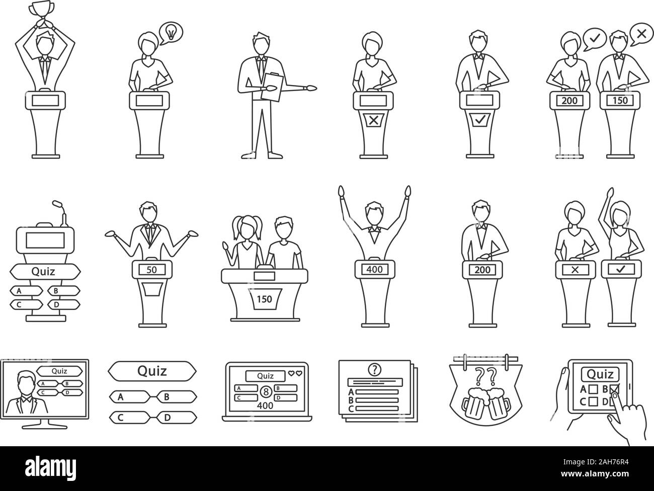 Quiz show linear icons set. Intellectual game questions, podiums ... Quiz show linear icons set. Intellectual game questions, podiums ...