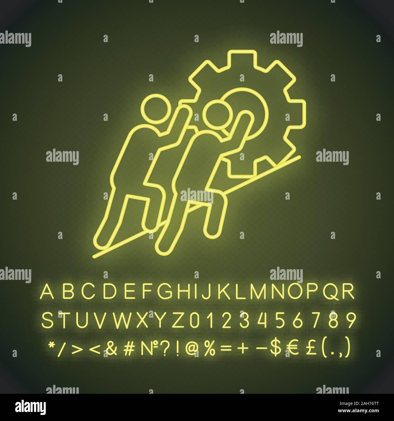 Teamwork neon light icon. Team. Partnership. Two businessmen pushing ...