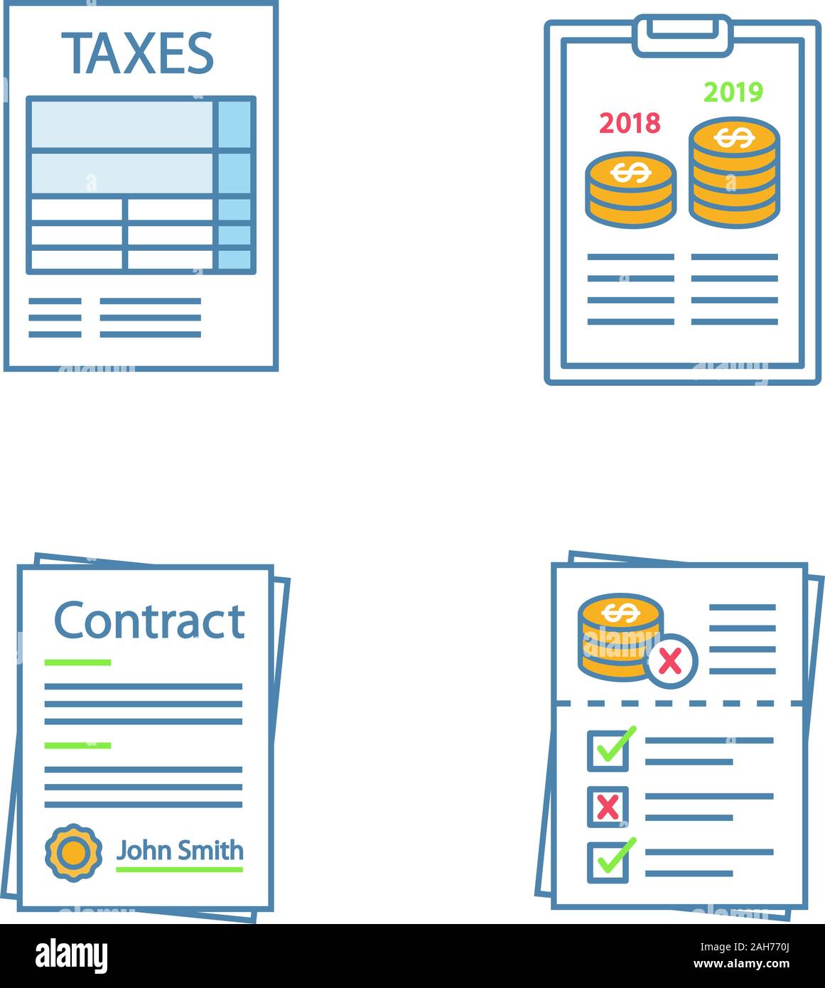Audit color icons set. Taxes form, annual report, contract, audit risks ...