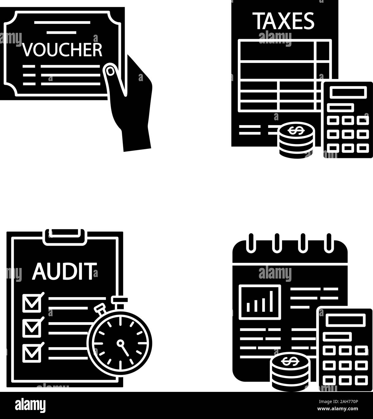 Audit glyph icons set. Voucher, budgeting, taxes accounting ...