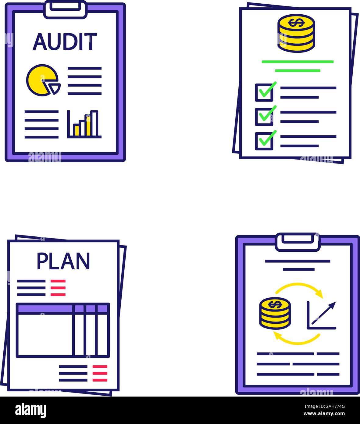 Audit color icons set. Auditor's report, budget, performance audit ...