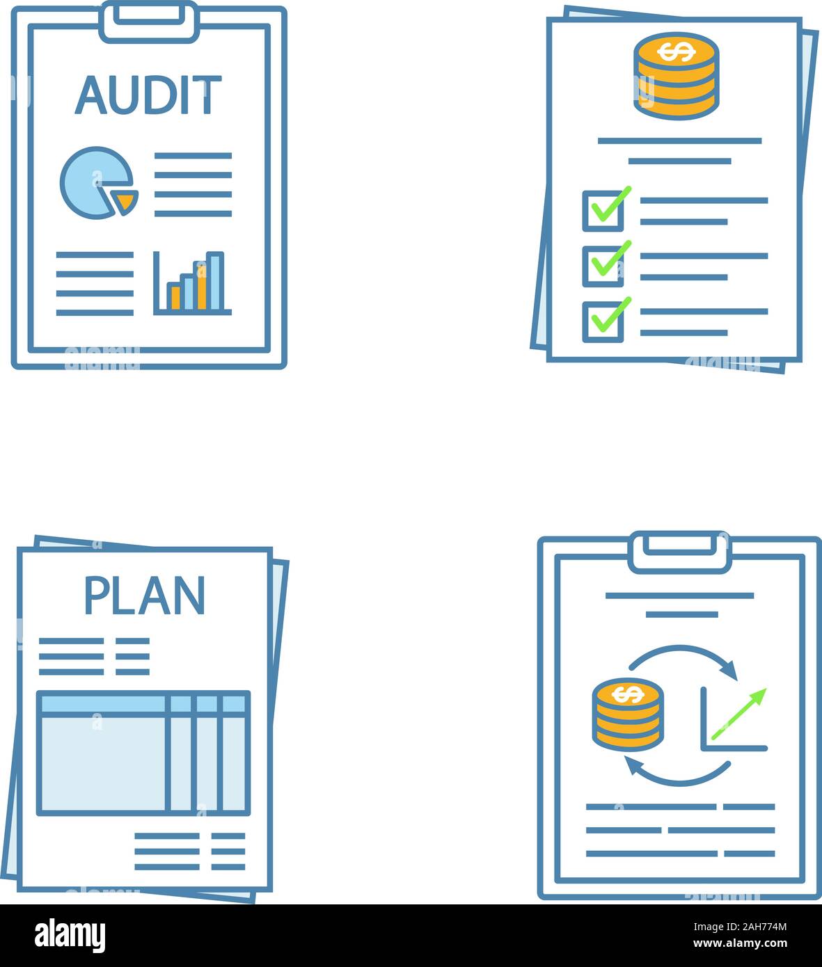 Audit color icons set. Auditor’s report, budget, performance audit ...