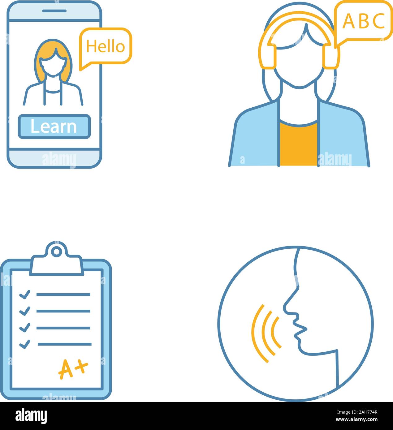 Foreign language learning color icons set. Educational app, listening ...