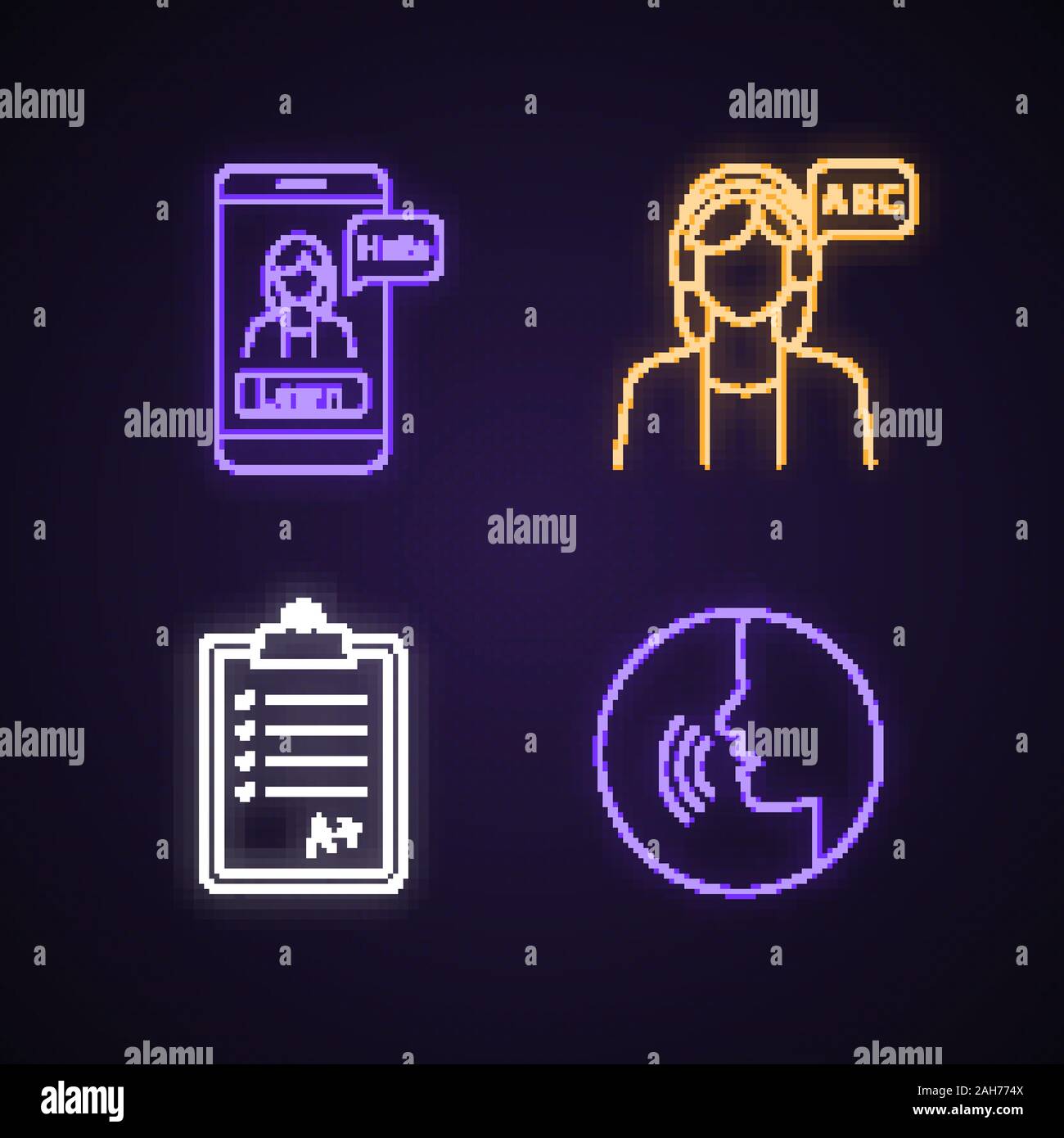 Foreign language learning neon light icons set. Educational app ...
