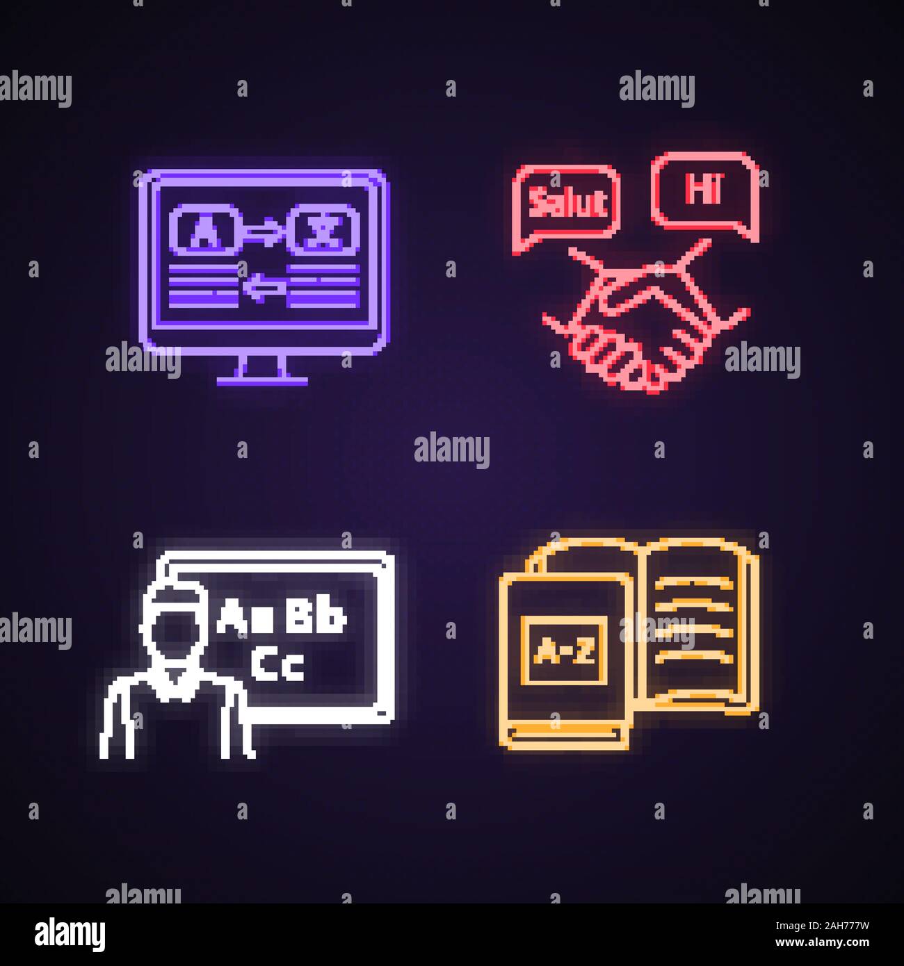 Foreign language learning neon light icons set. Translation, language ...