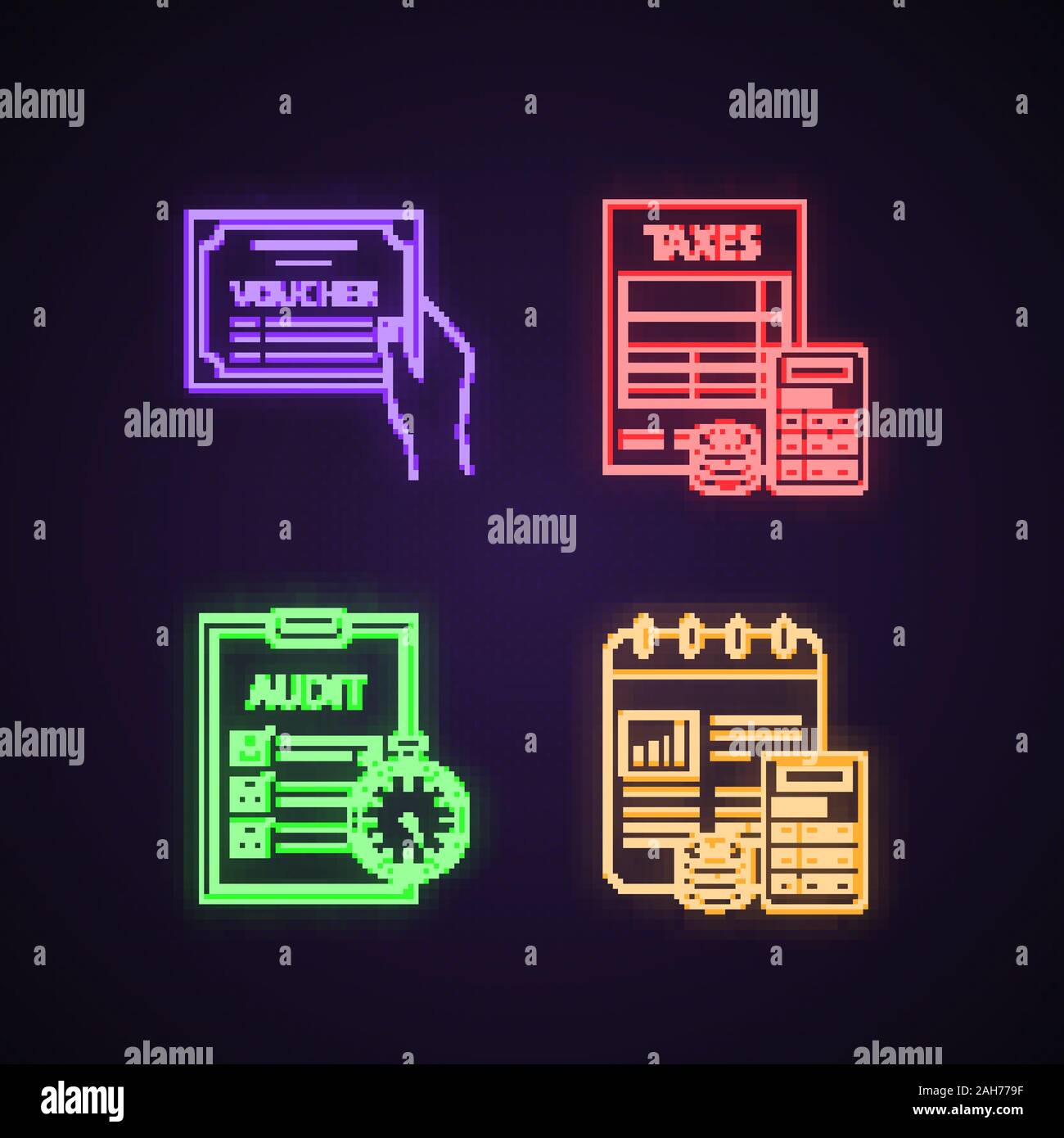 Audit neon light icons set. Voucher, budgeting, taxes accounting ...
