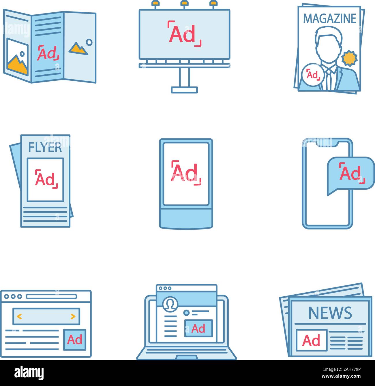 Advertising channels color icons set. Flyer, billboard, magazine ...