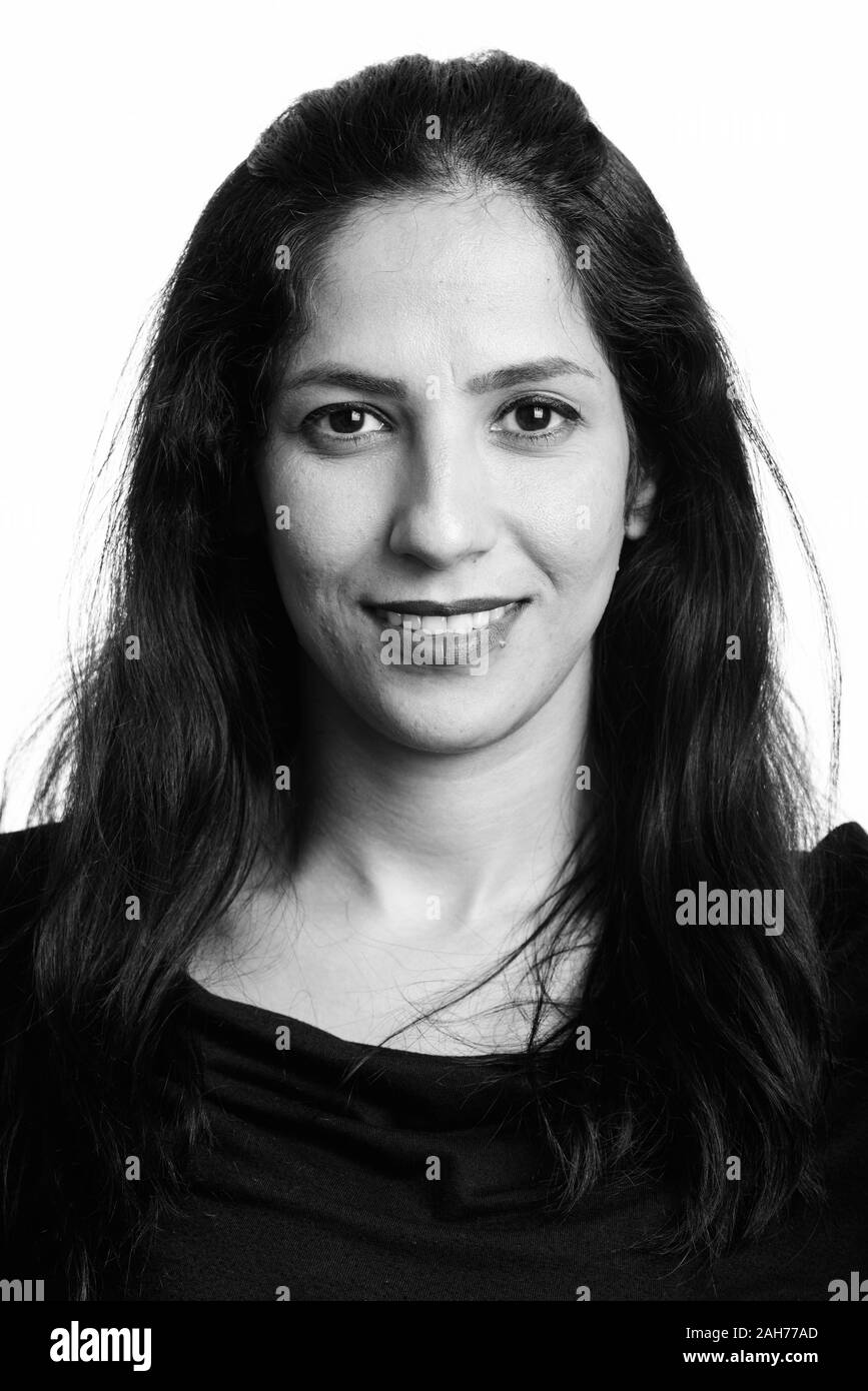 Face of happy Persian woman smiling in black and white Stock Photo - Alamy