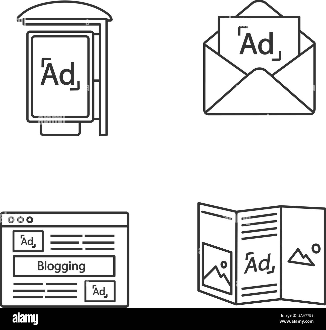 Advertising channels linear icons set. Bus stop advertisement, email ...