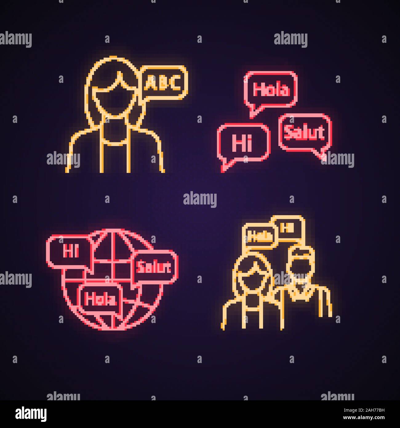 Foreign language learning neon light icons set. Teacher, courses, world ...