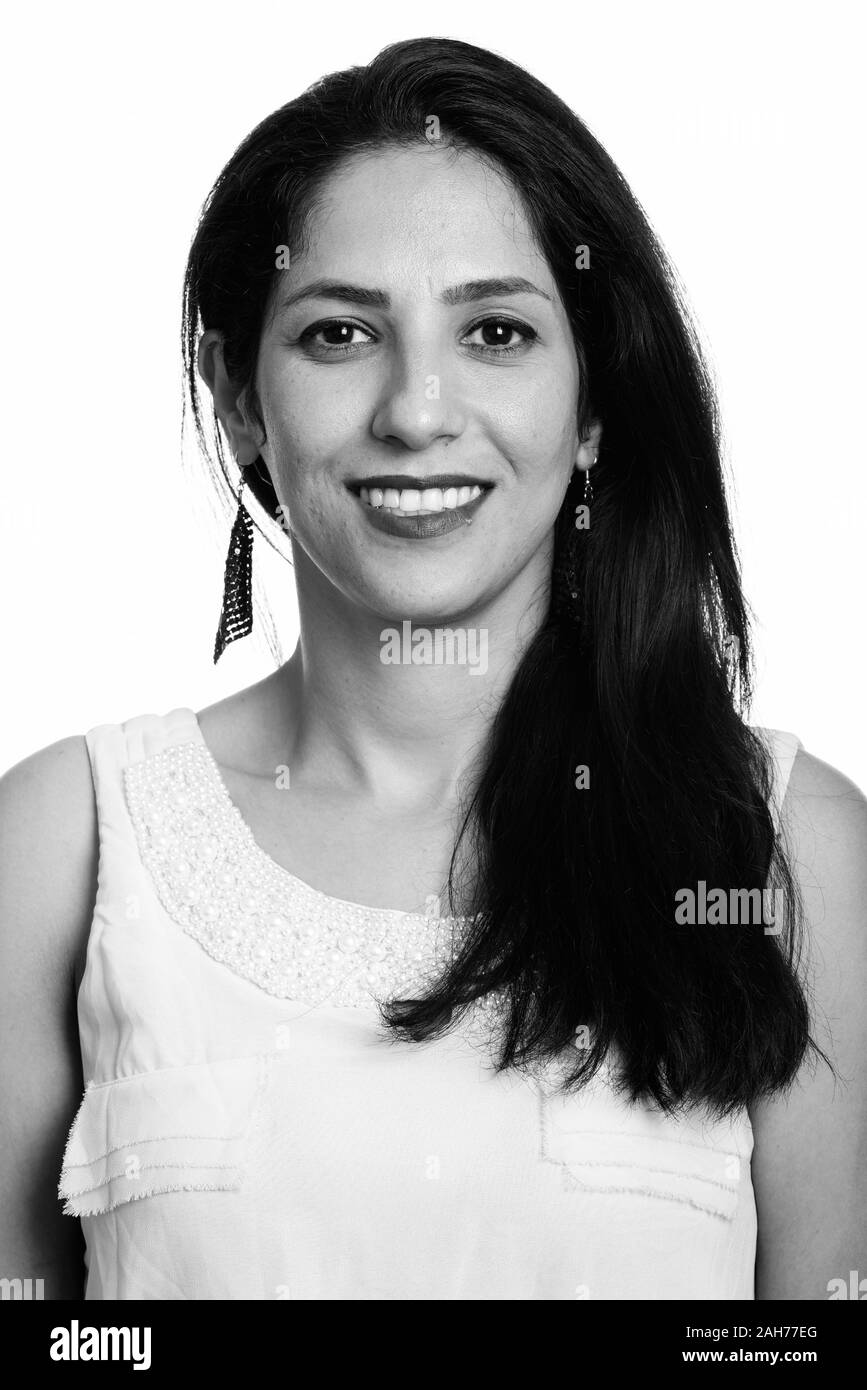 Face of happy Persian woman smiling in black and white Stock Photo - Alamy