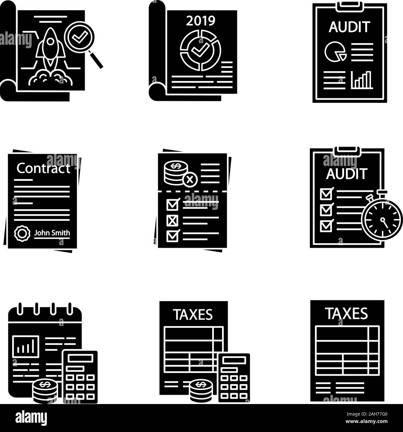 Audit glyph icons set. Taxes form, accounting, budgeting, auditor’s ...