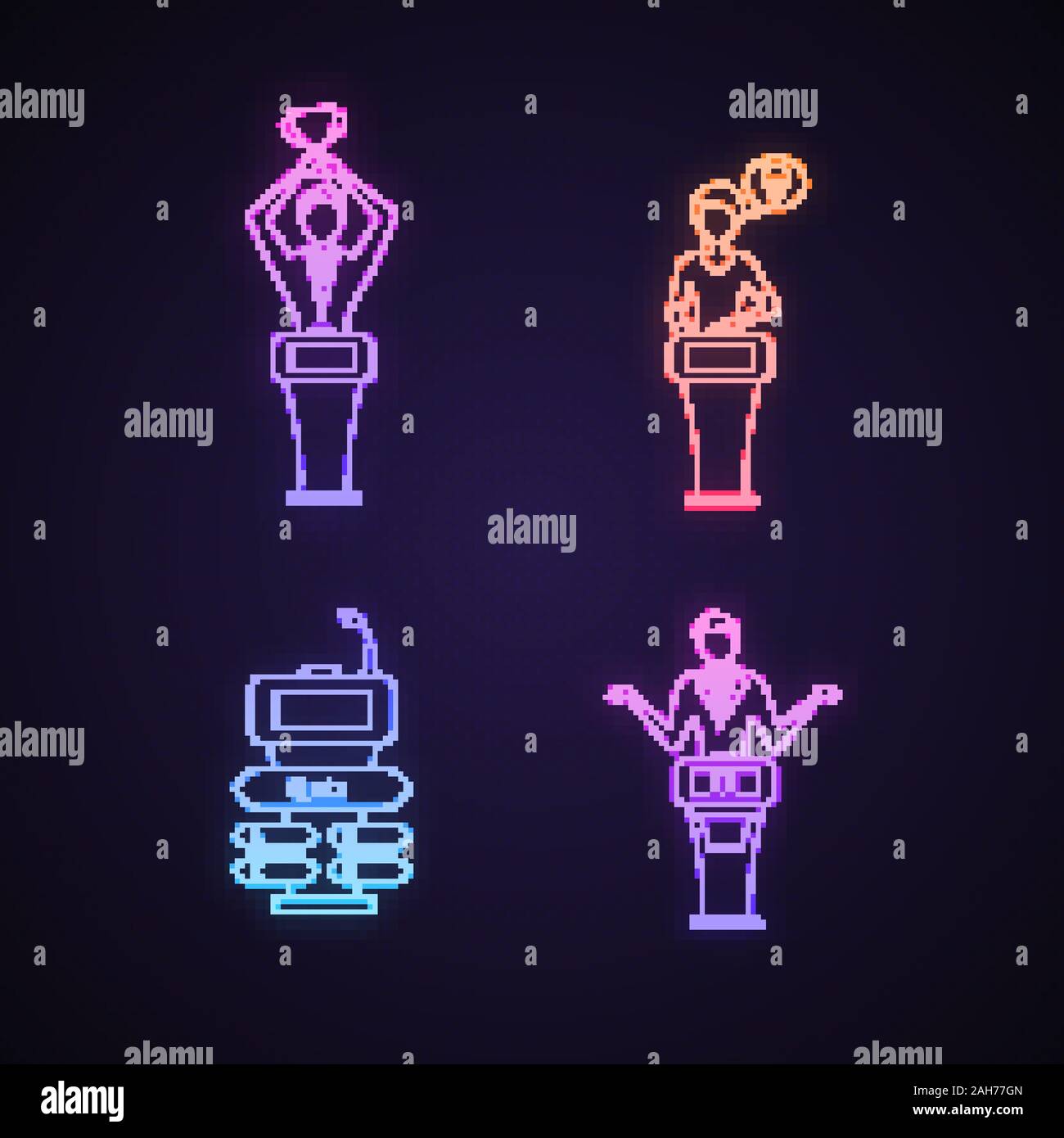 Quiz show neon light icons set. Intellectual winner, loser, buzzer ...