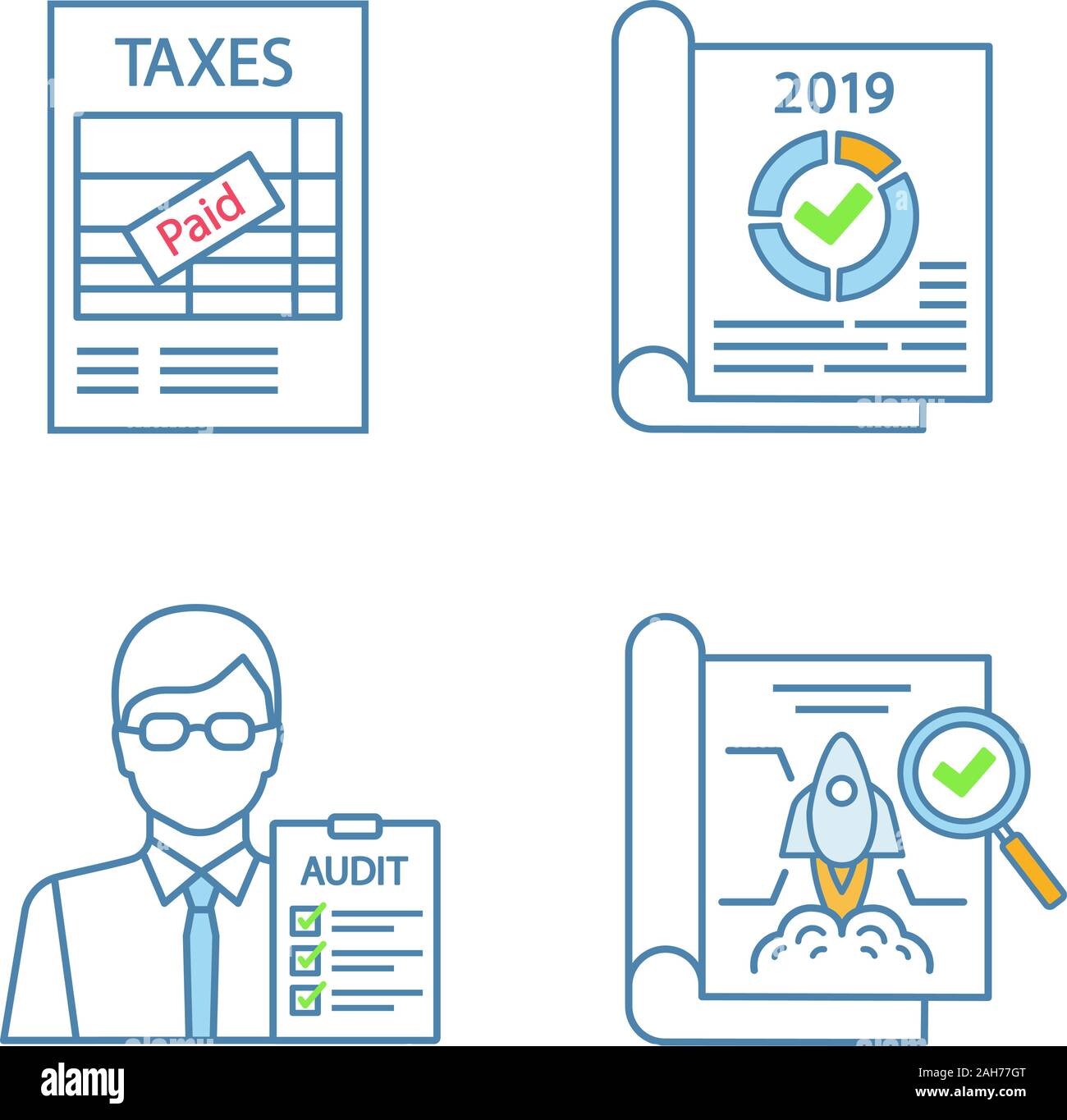 Audit color icons set. Taxes return, annual report, auditor, project ...