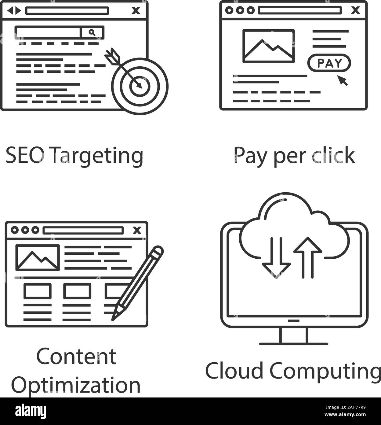 SEO linear icons set. Targeted advertising, pay per click, content editing, cloud computing ...