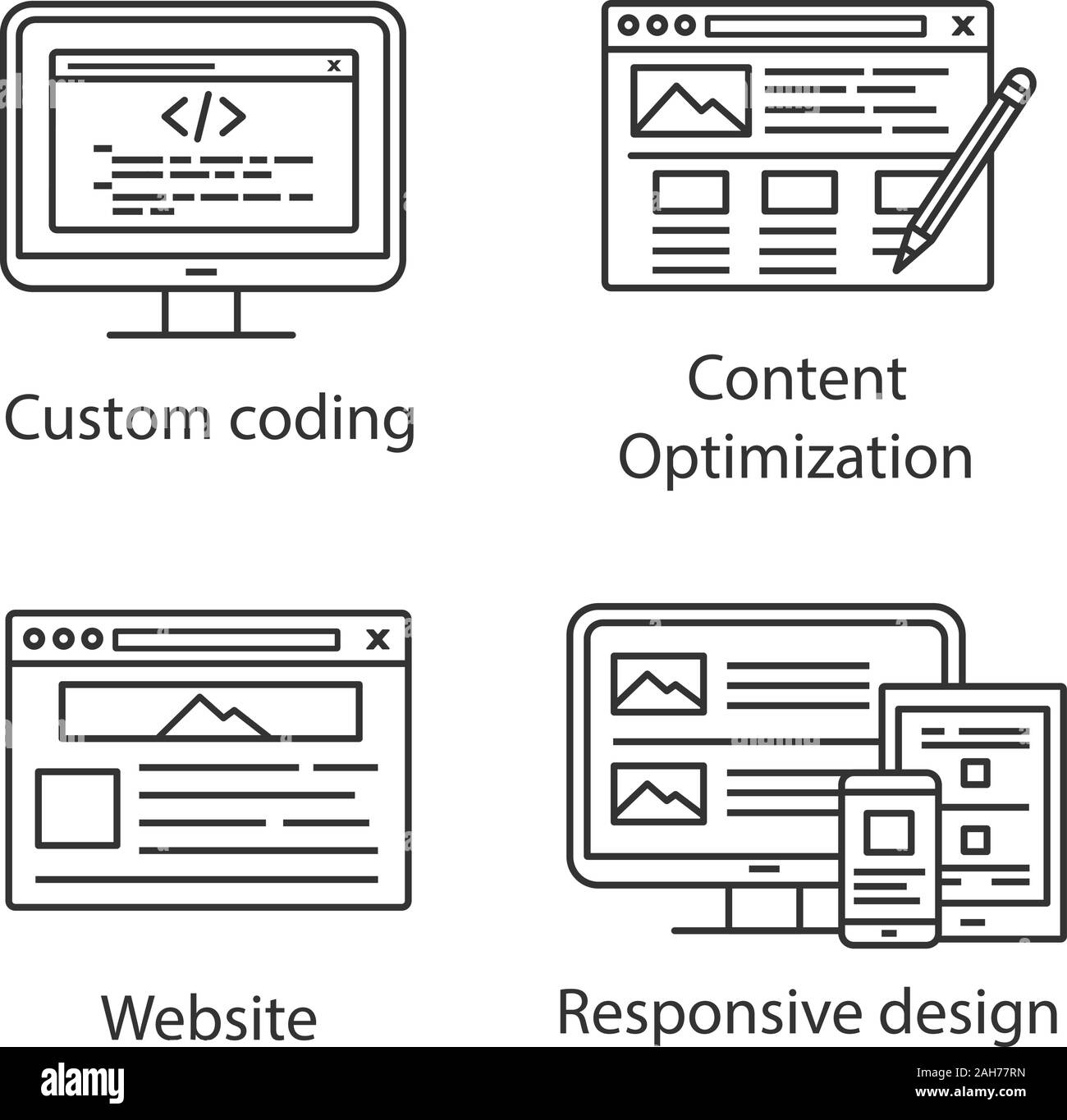 SEO linear icons set. Custom coding, content editing, website ...