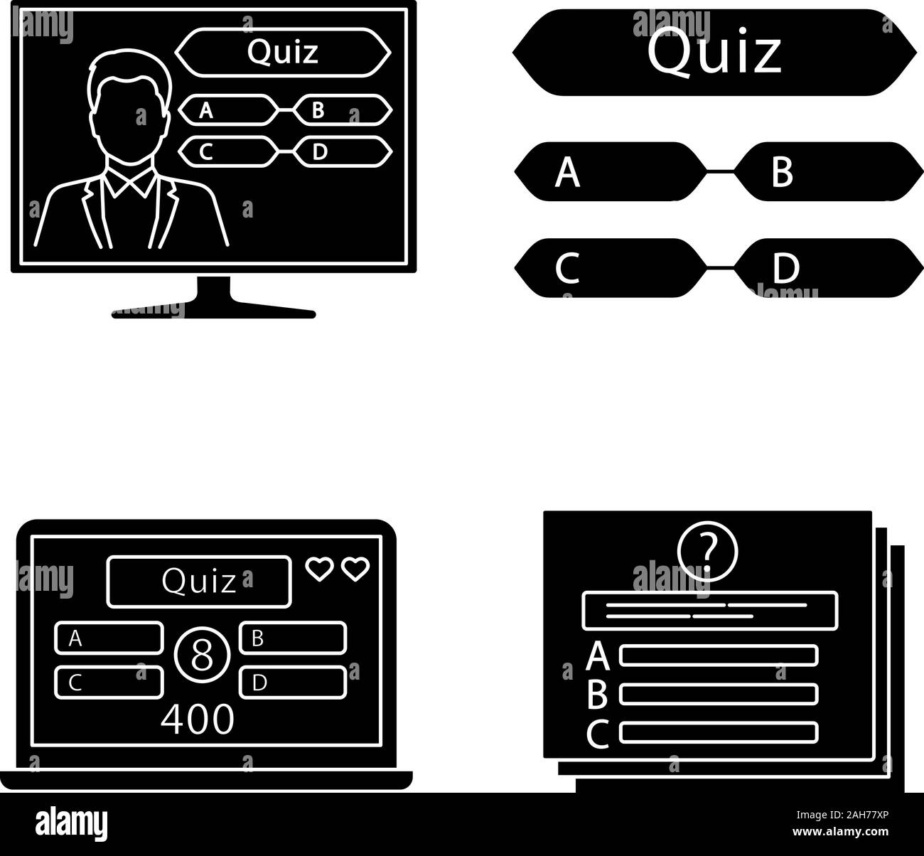 Quiz show glyph icons set. Intellectual game question, online and TV quiz. Silhouette symbols ...