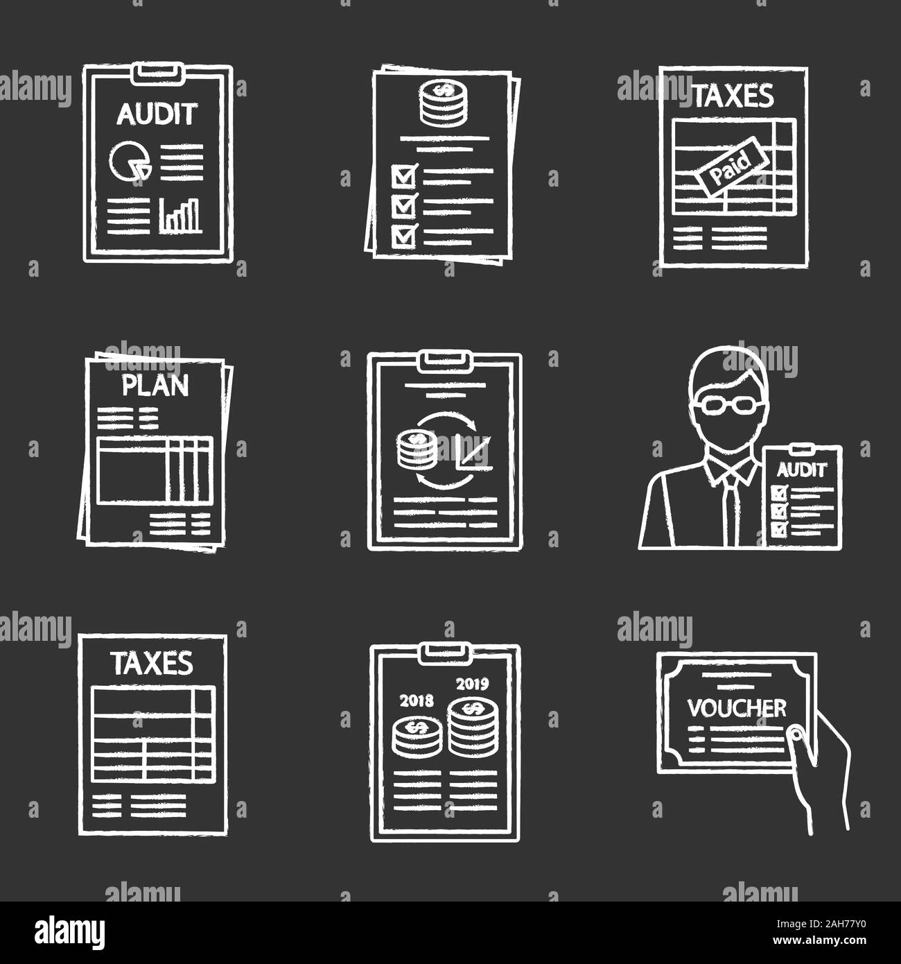 Audit chalk icons set. Auditor'€™s report, budget, tax return, planning ...
