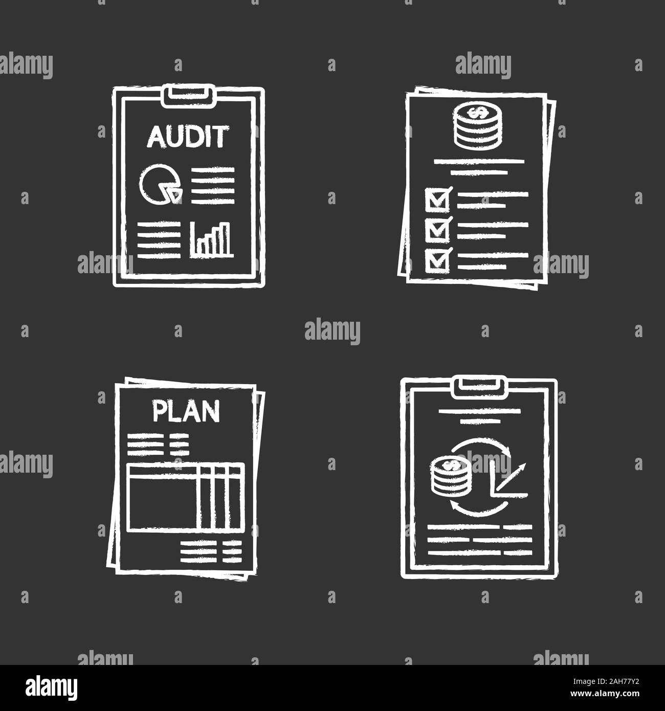 Audit chalk icons set. Auditor'€™s report, budget, performance audit ...