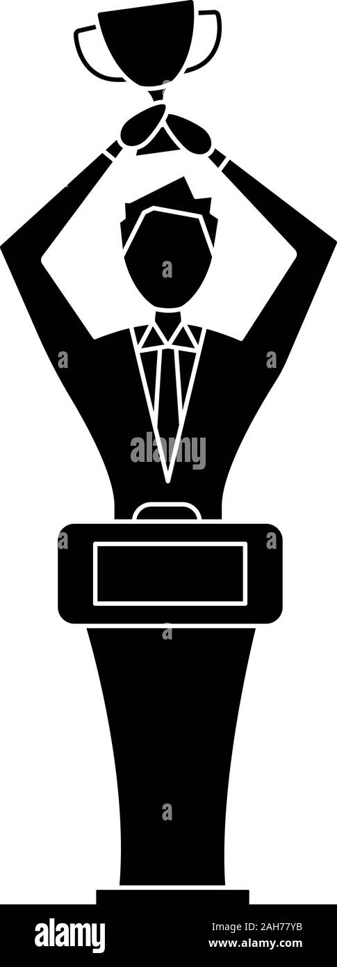 Win glyph icon. Quiz winner'€™s prize. Champion. Person holding trophy ...