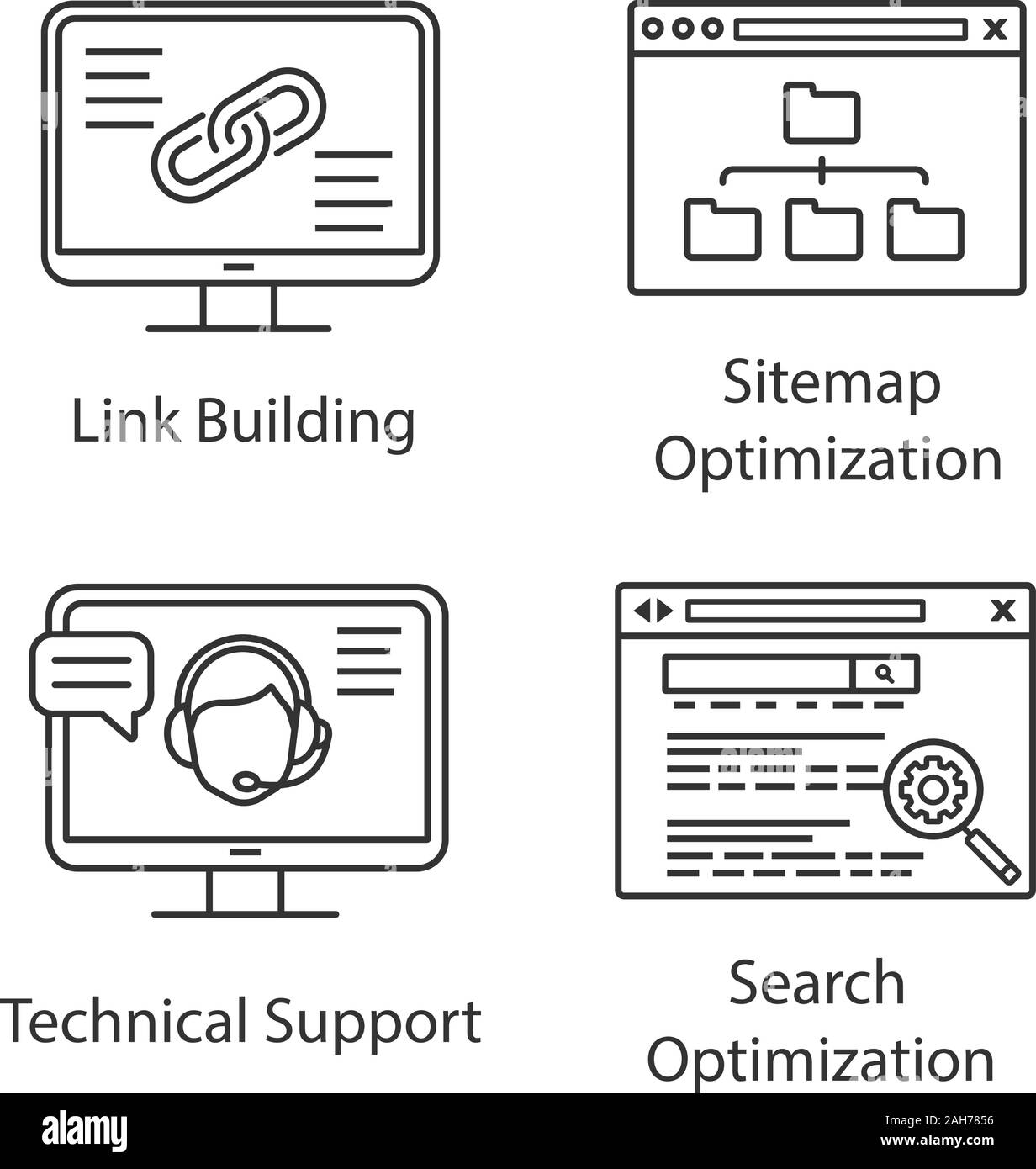 SEO linear icons set. Link building, sitemap optimization, technical ...