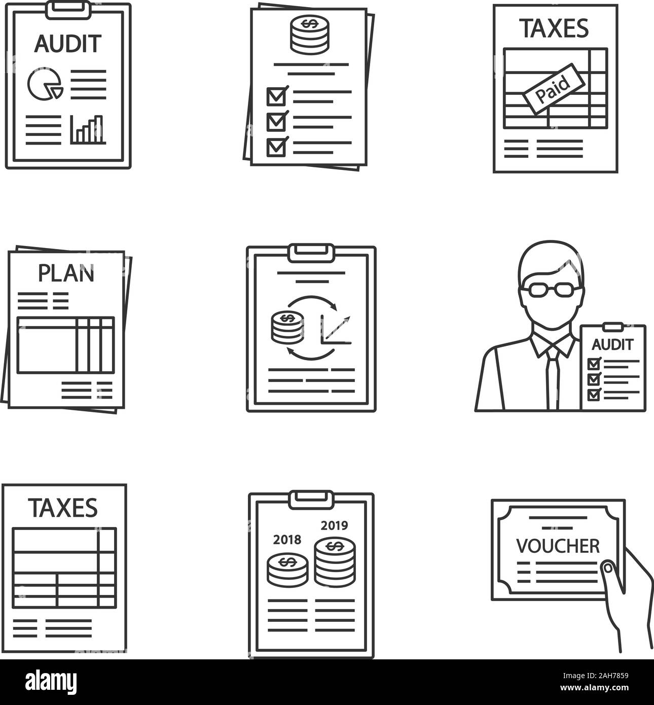 Audit linear icons set. Auditor’s report, budget, tax return, planning ...