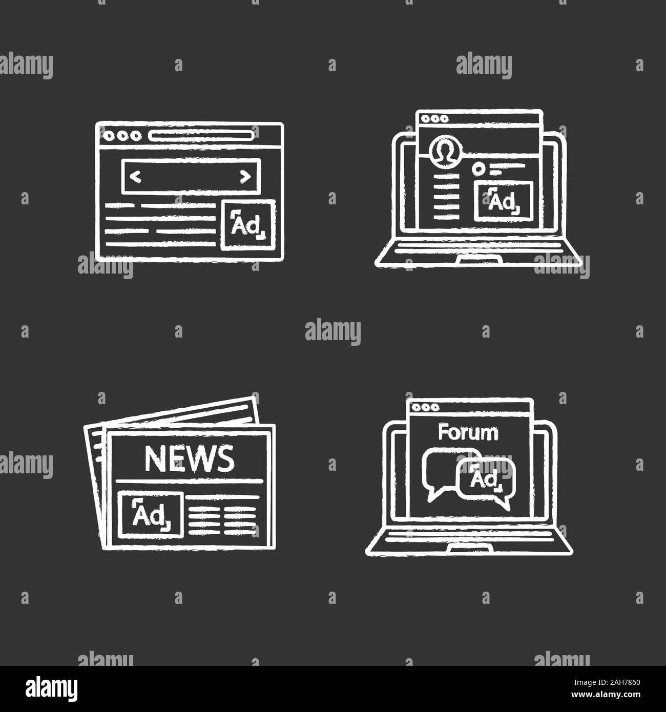 Advertising channels chalk icons set. Internet marketing, social media ...