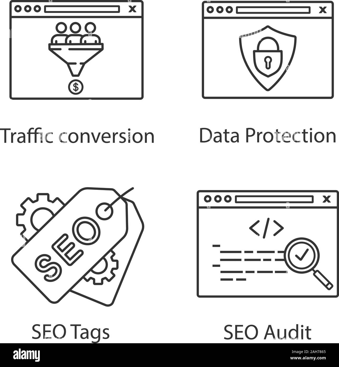SEO linear icons set. Traffic conversion, data protection, SEO tags and audit, custom coding ...