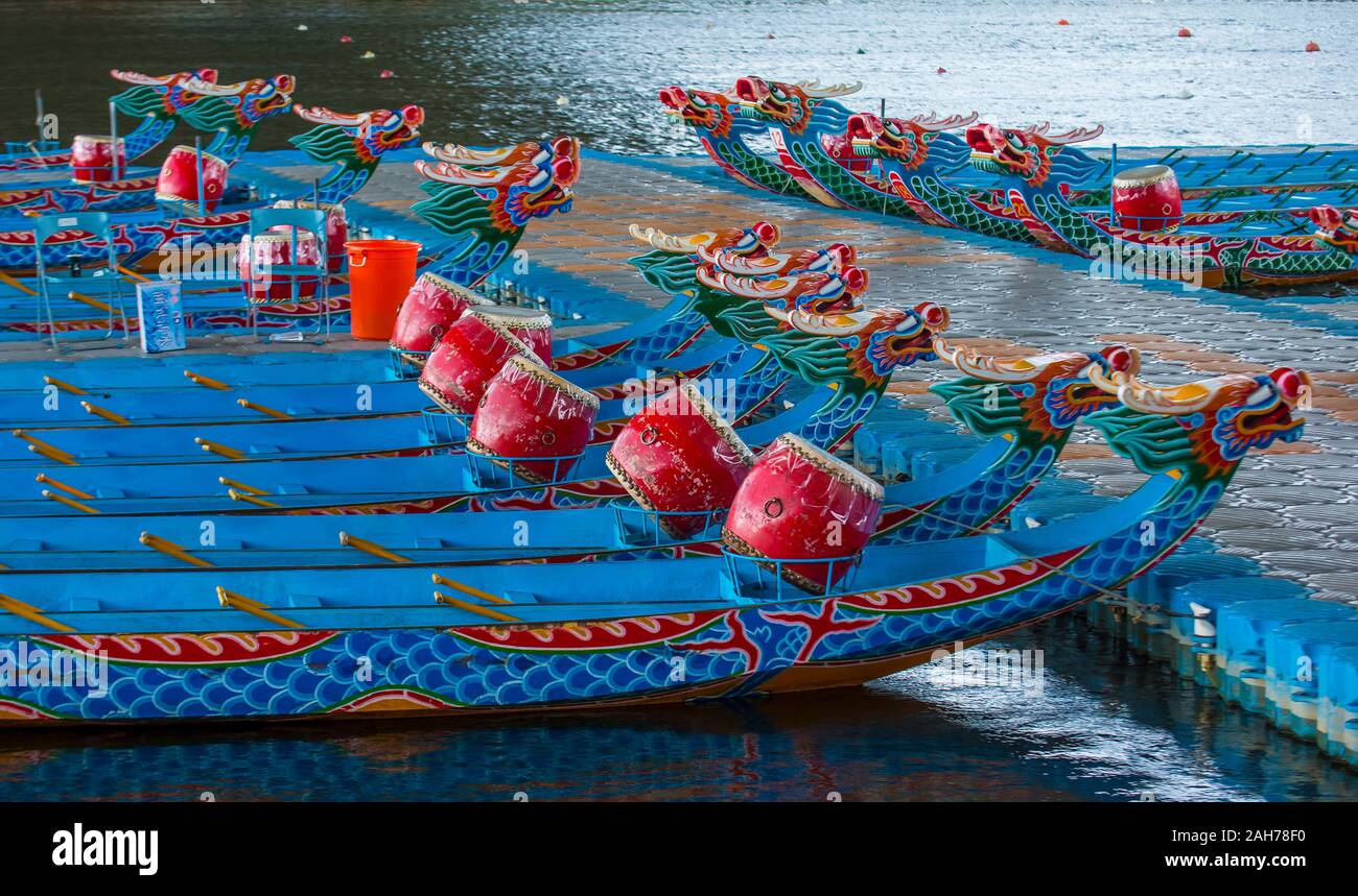 A row of Dragonboats in a river in Taipei during the 2019 Taipei Dragon ...