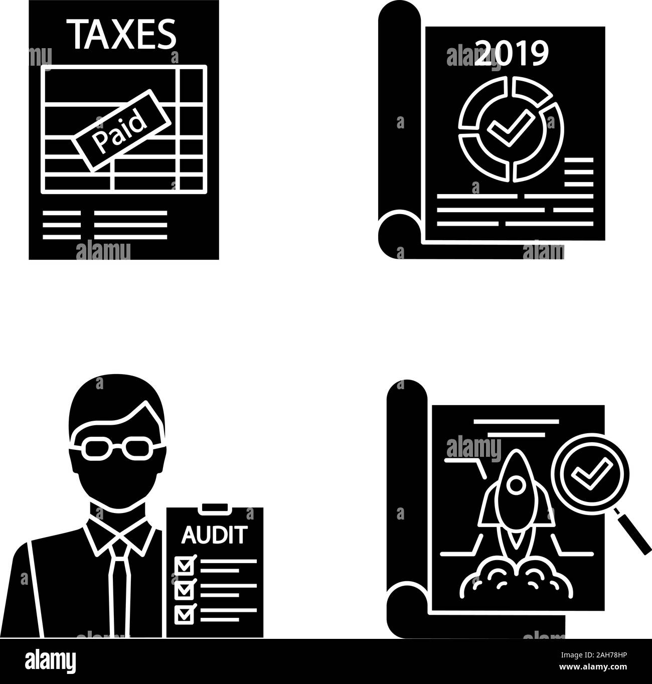 Audit glyph icons set. Taxes return, annual report, auditor, project ...