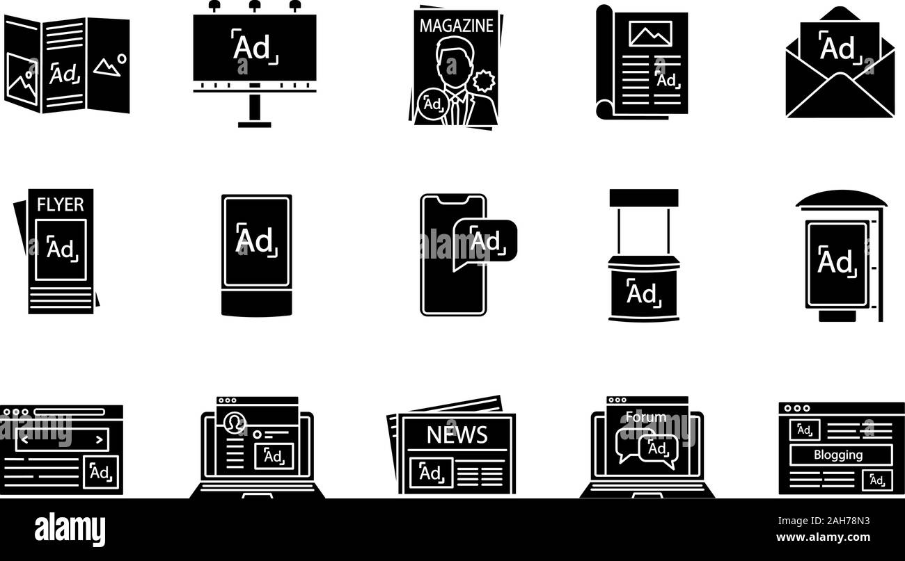Advertising channels glyph icons set. Printing media. Outdoor ...