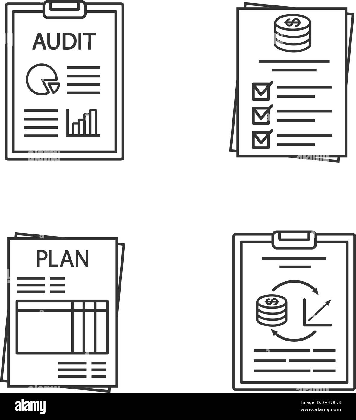 Audit linear icons set. Auditor’s report, budget, performance audit ...