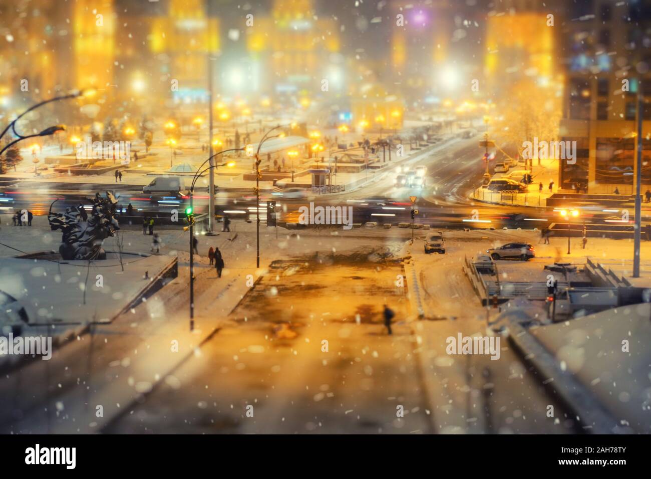 Snowfall on Independence square in Kiev, Ukraine. Night winter skyline ...