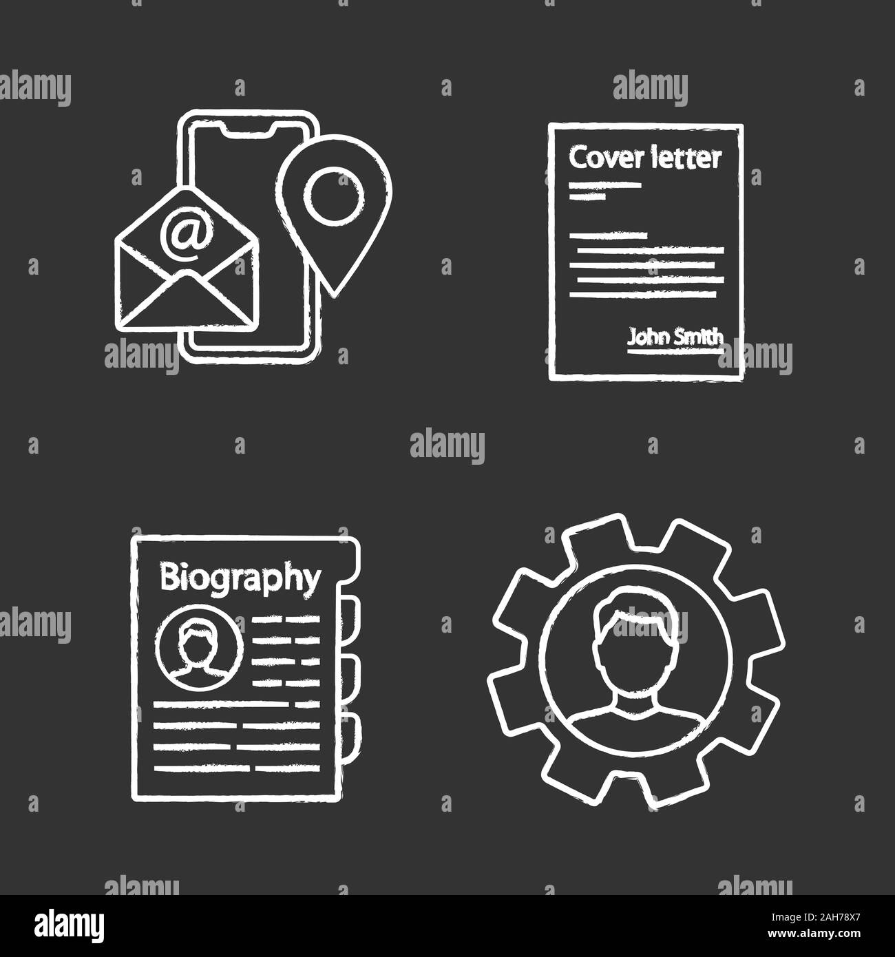 Resume chalk icons set. Contact information, cover letter, personnel ...