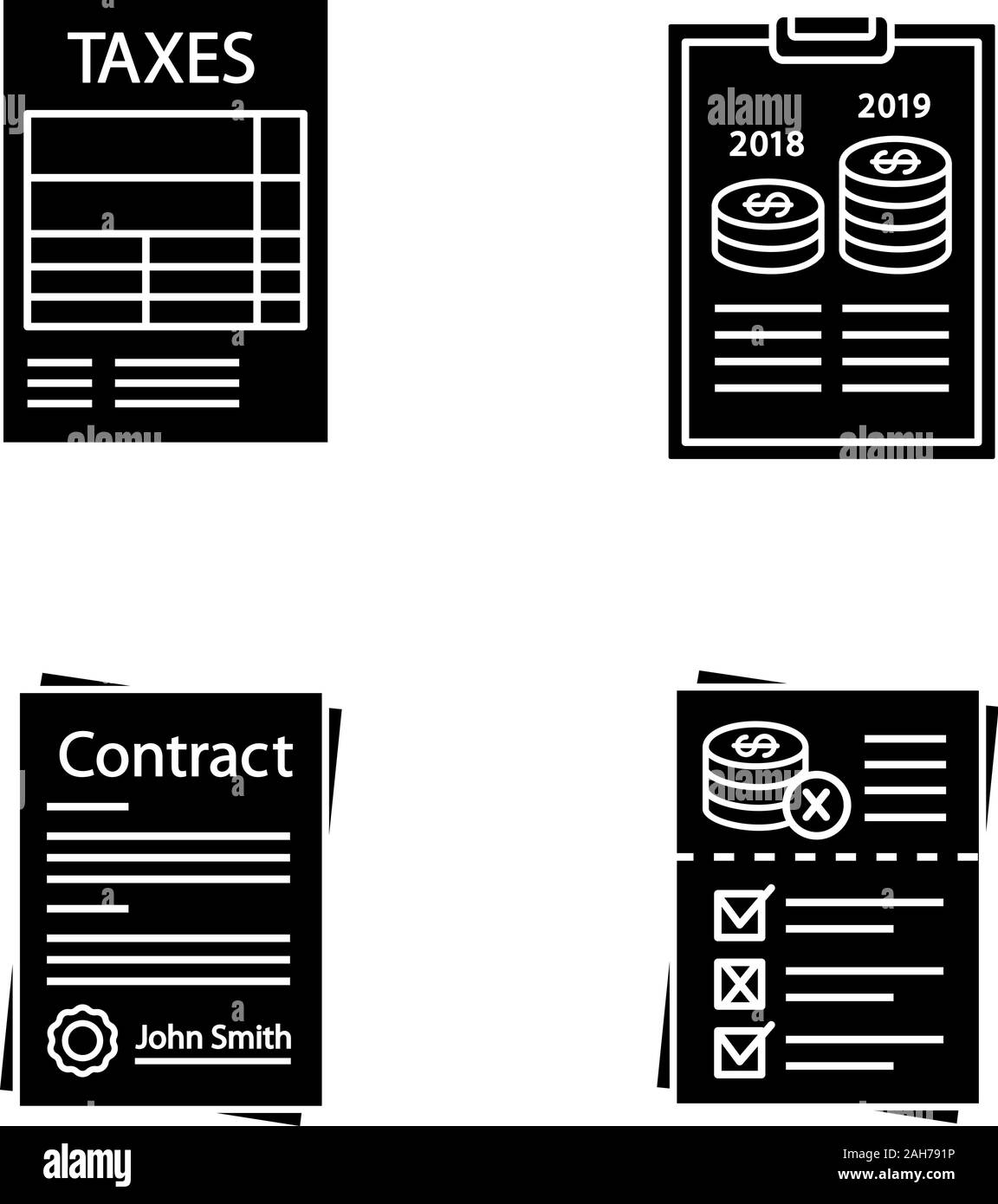 Audit glyph icons set. Taxes form, annual report, contract, audit risks ...